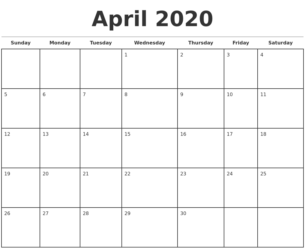 April 2020 Monthly Calendar Template April 2020 Monthly Calendar Template
