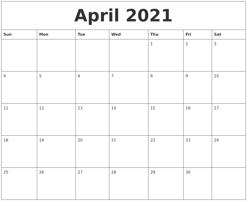 April 2021 Free Printable Monthly Calendar April 2021 Free Printable Monthly Calendar