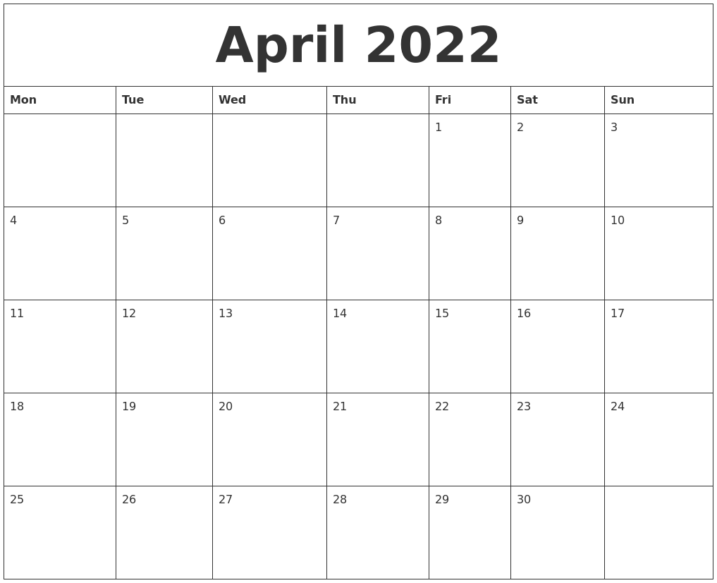 April 2022 Free Printable Weekly Calendar