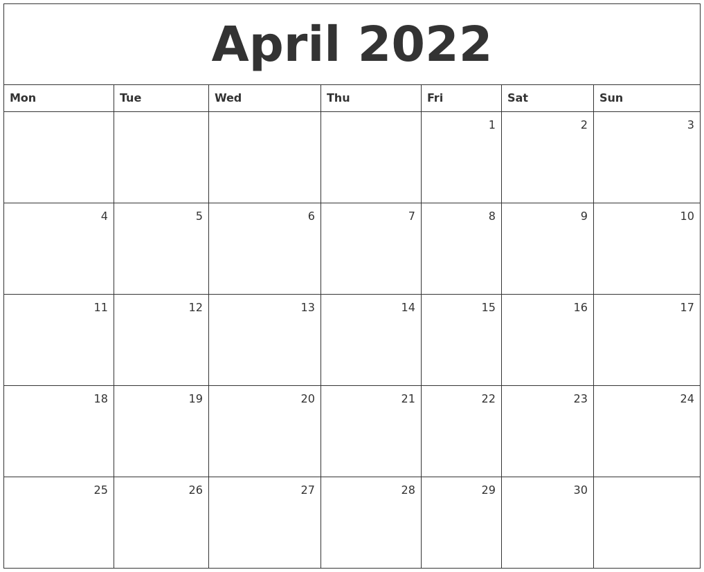 April 2022 Monthly Calendar