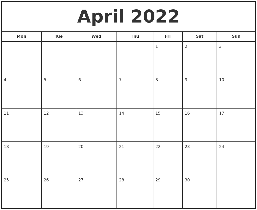 April 2022 Print Free Calendar April 2022 Print Free Calendar