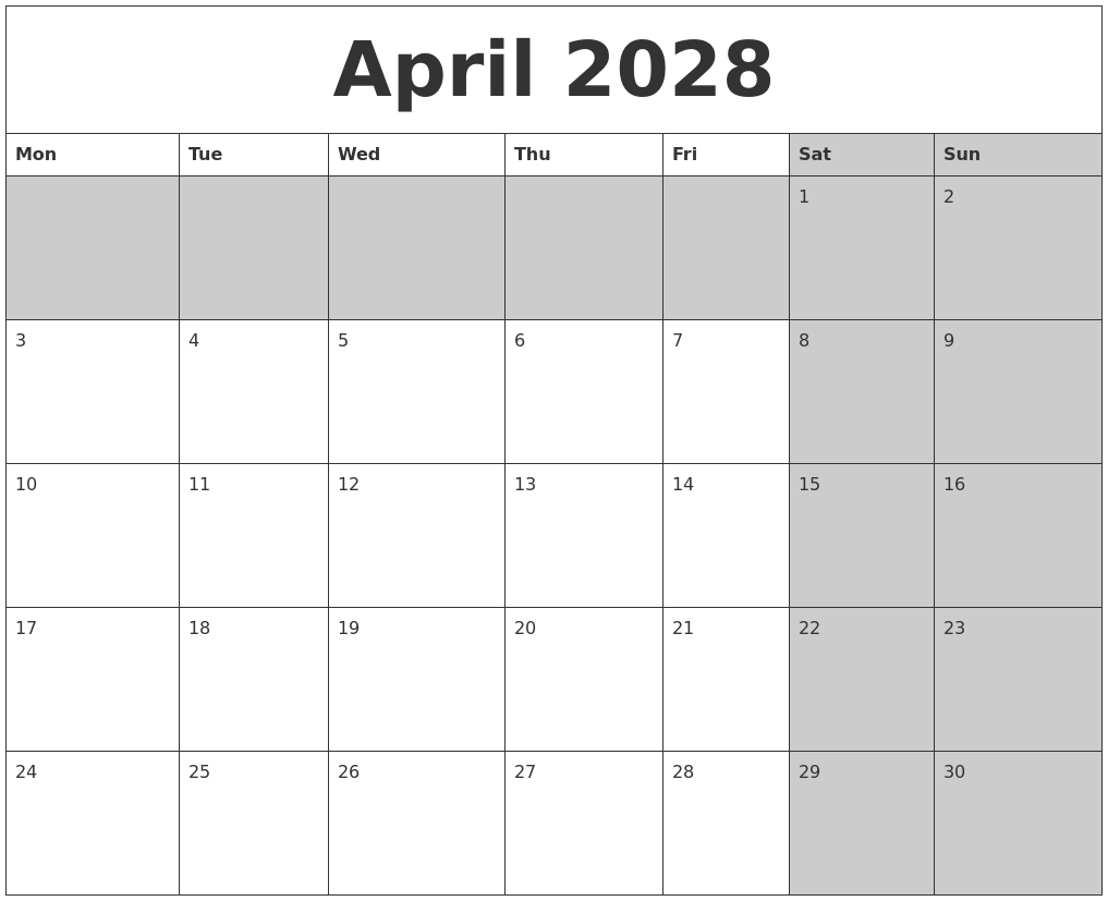 April 2028 Calanders