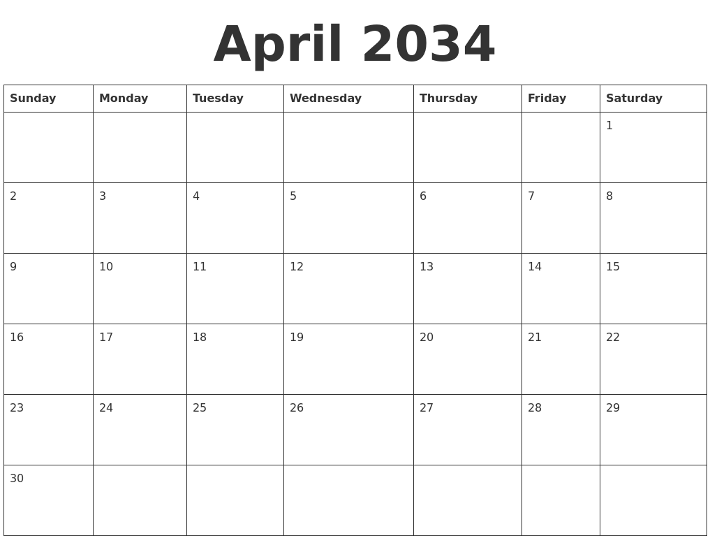 April 2034 Blank Calendar Template April 2034 Blank Calendar Template