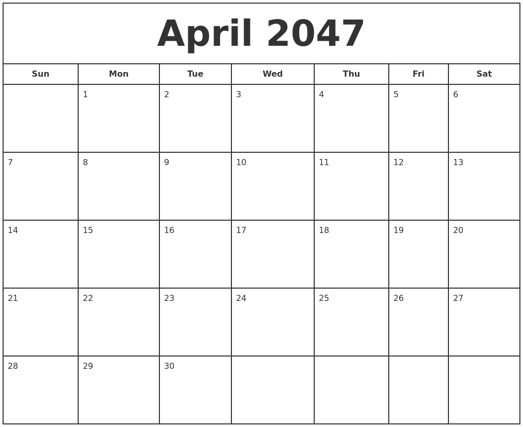 April 2047 Print Free Calendar