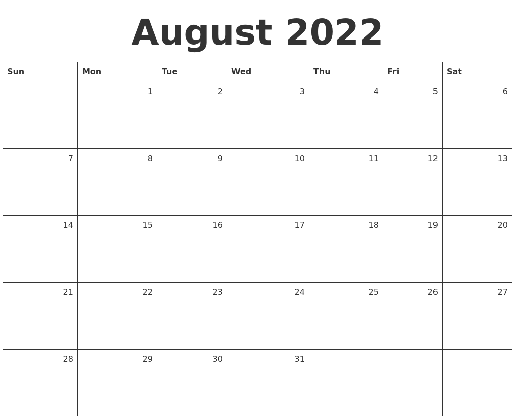 August 2023 To September 2022 Monthly Calendar August 2022 Calendar