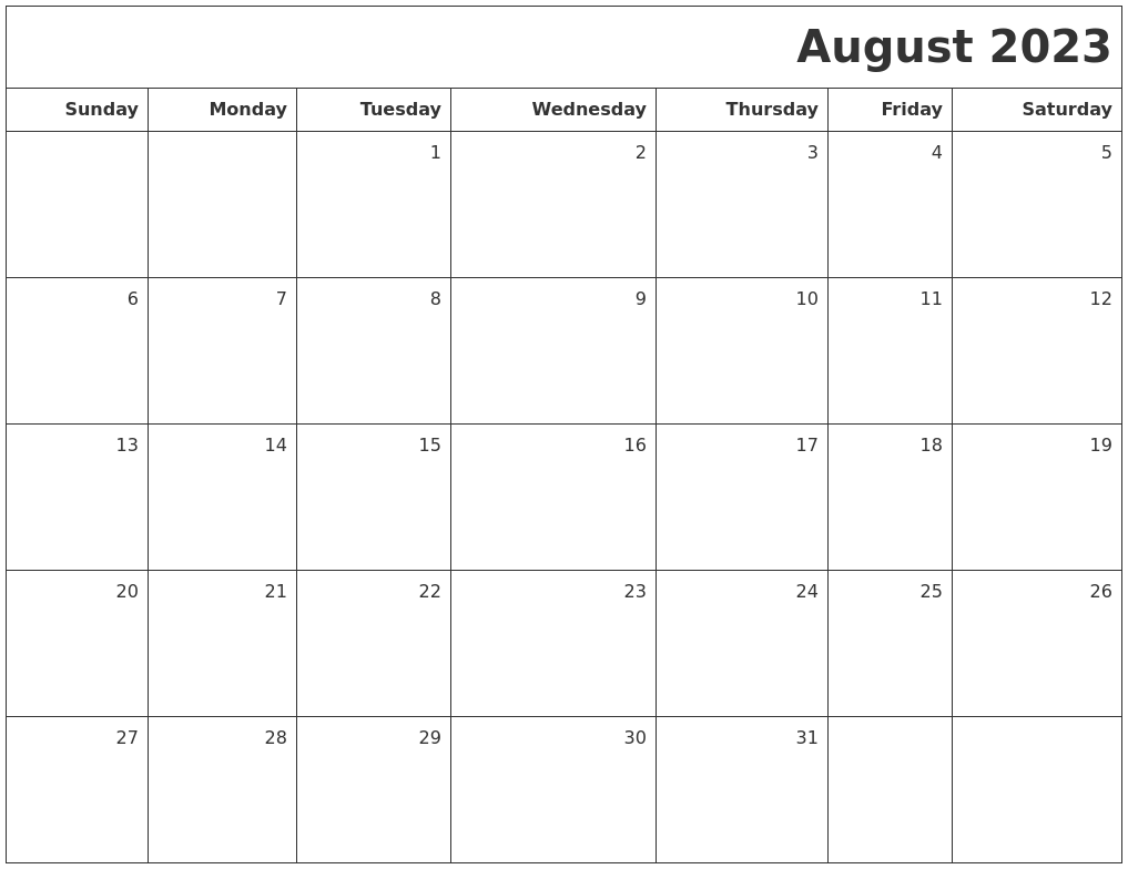 August 2023 Printable Blank Calendar