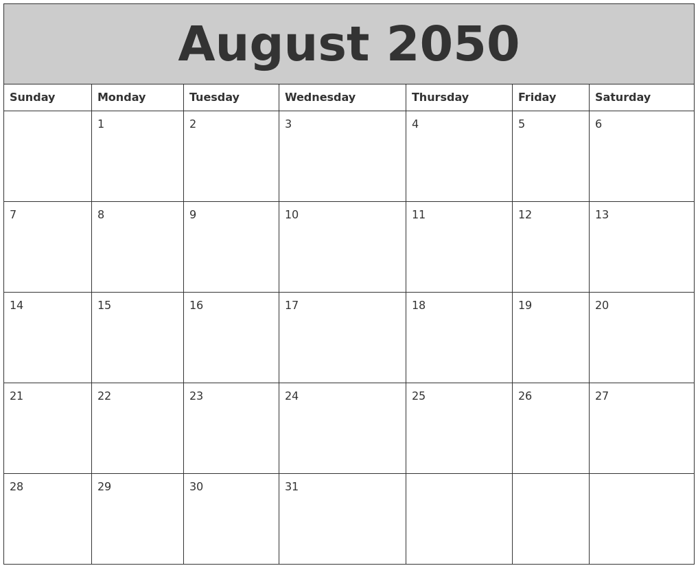 August 2050 My Calendar August 2050 My Calendar