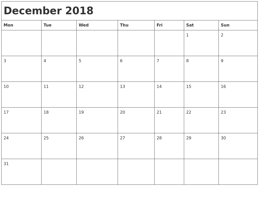 December 2018 Month Calendar