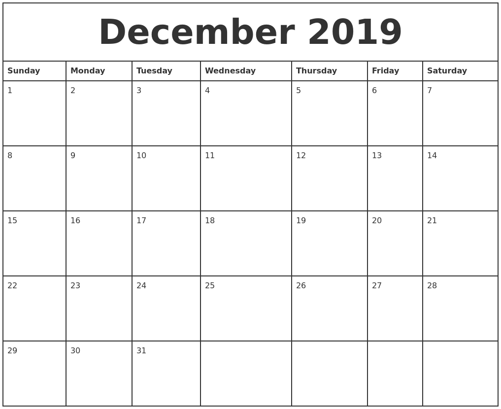 December 2019 Printable Monthly Calendar