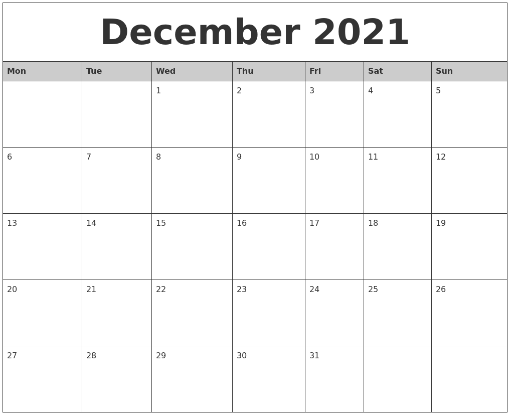 December 2021 Monthly Calendar Printable