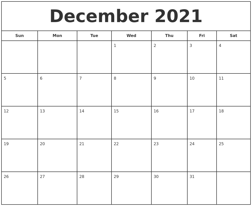 December 2021 Print Free Calendar December 2021 Print Free Calendar