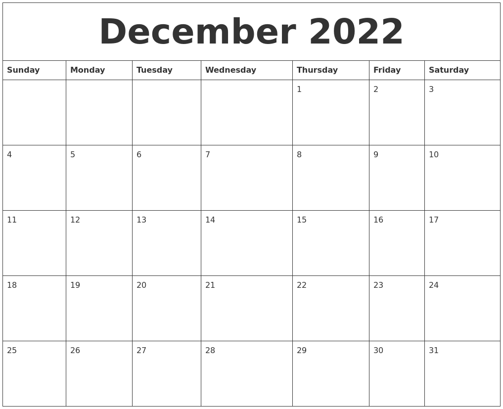 December 2022 Free Online Calendar December 2022 Free Online Calendar