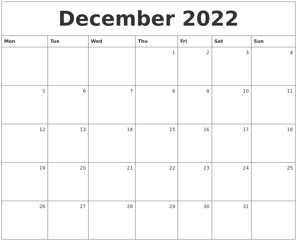 December 2022 Monthly Calendar December 2022 Monthly Calendar