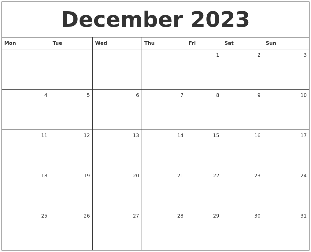 December 2023 Monthly Calendar