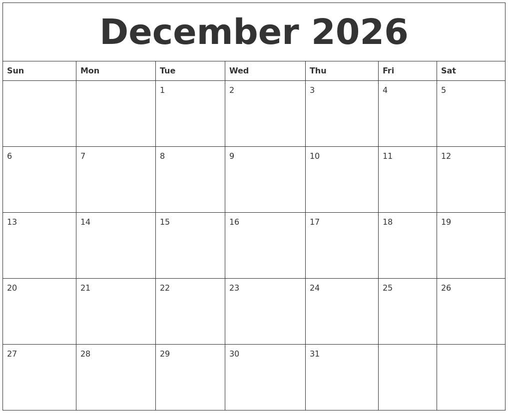 December 2026 Free Online Calendar December 2026 Free Online Calendar