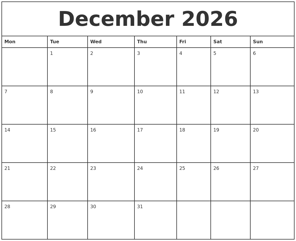 December 2026 Printable Monthly Calendar