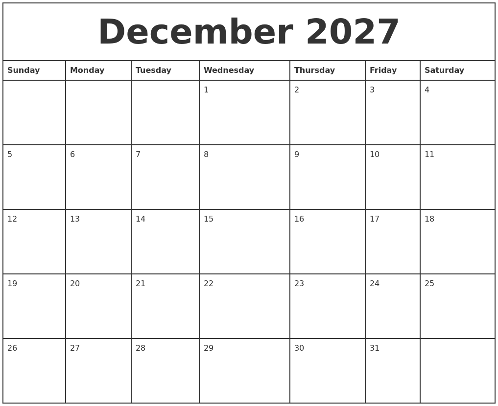 December 2027 Printable Monthly Calendar