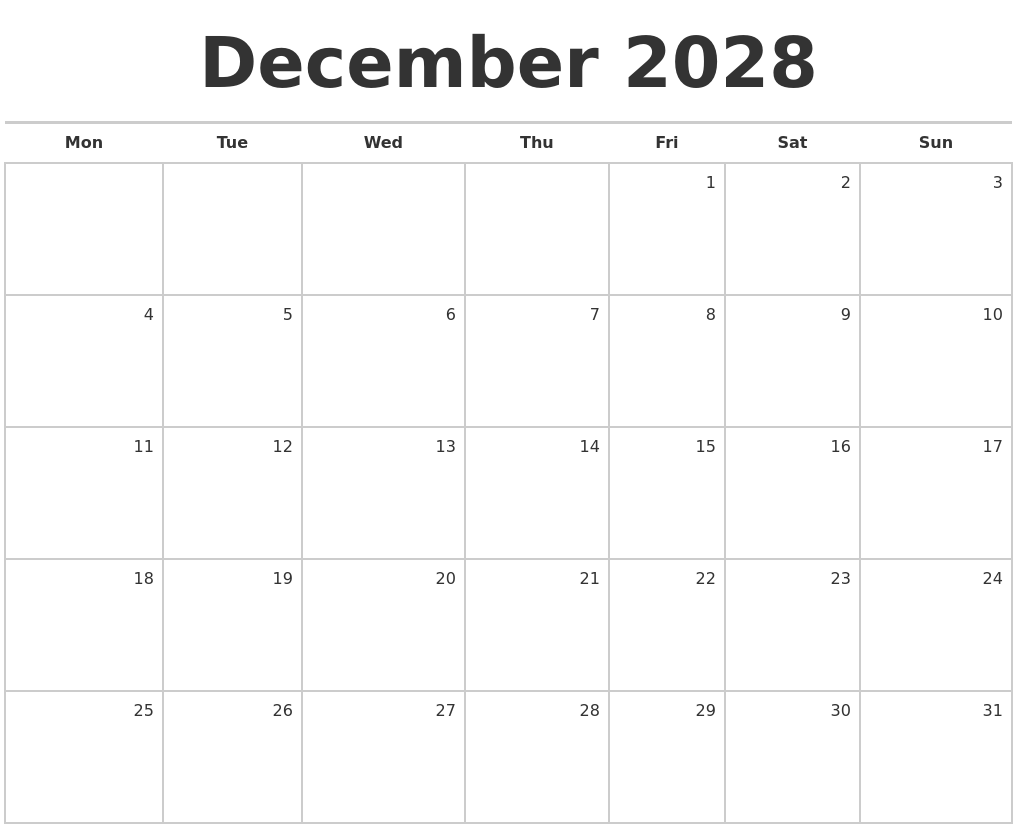 December 2028 Blank Monthly Calendar