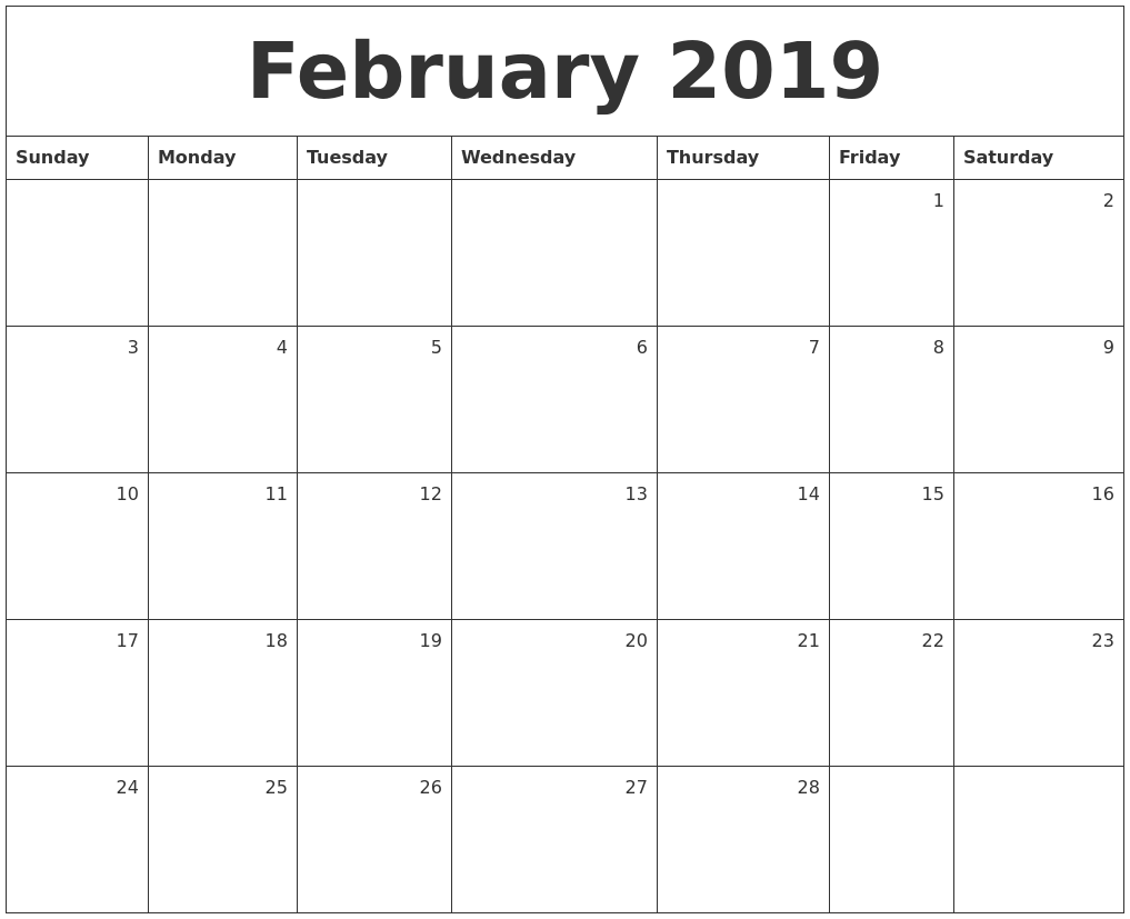 February 2019 Monthly Calendar