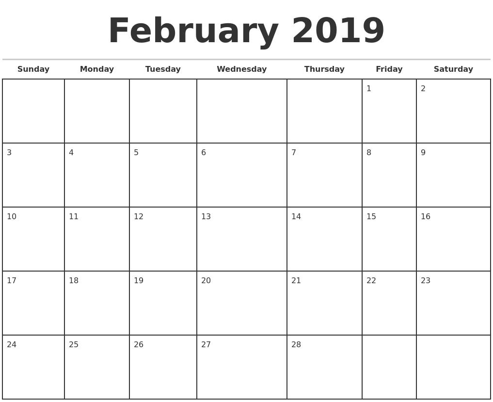 February 2019 Monthly Calendar Template February 2019 Monthly Calendar Template
