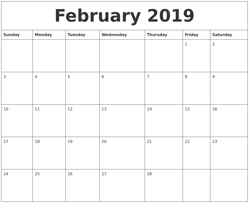 February 2019 Printable Daily Calendar February 2019 Printable Daily Calendar