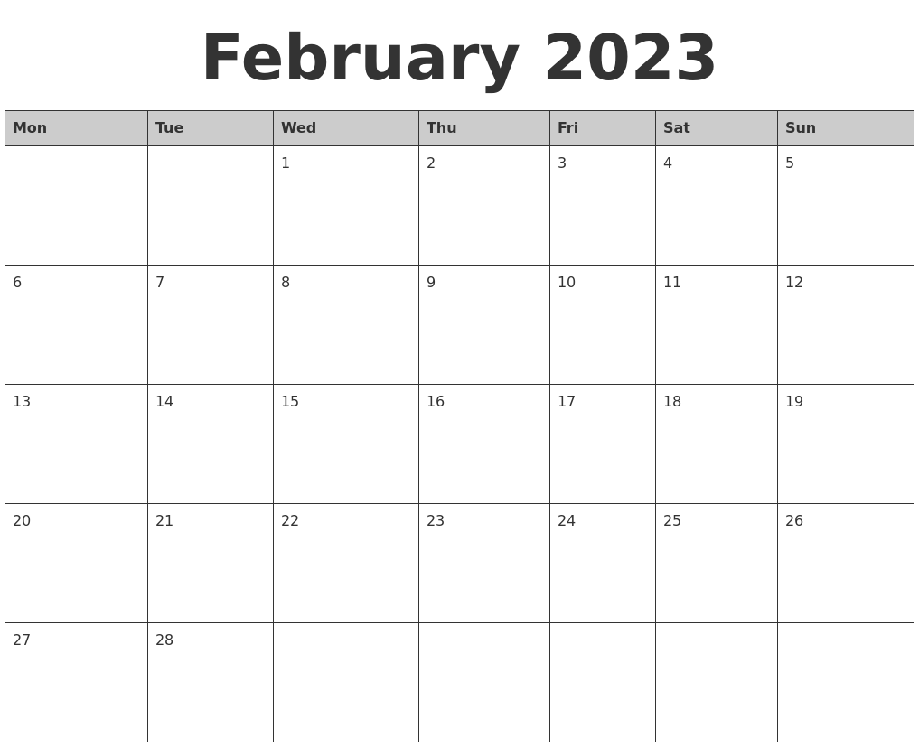 February 2023 Monthly Calendar Printable February 2023 Monthly Calendar Printable