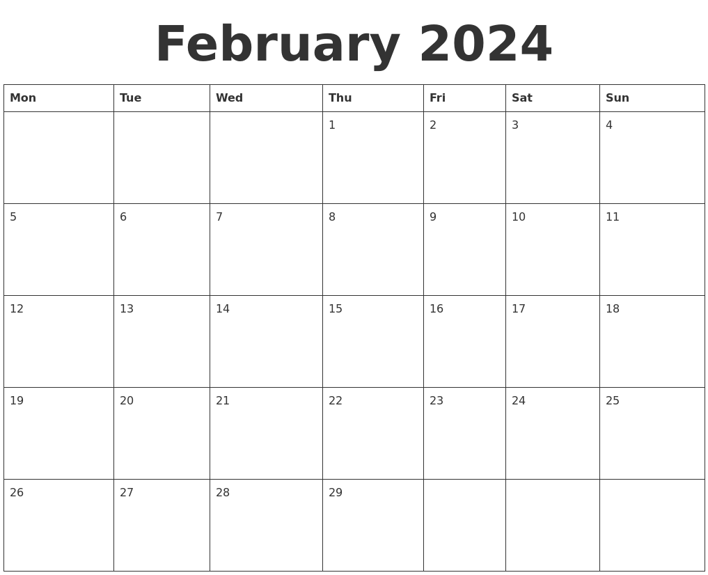 February 2024 Blank Calendar Template February 2024 Blank Calendar Template
