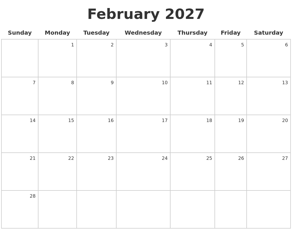 February 2027 Make A Calendar