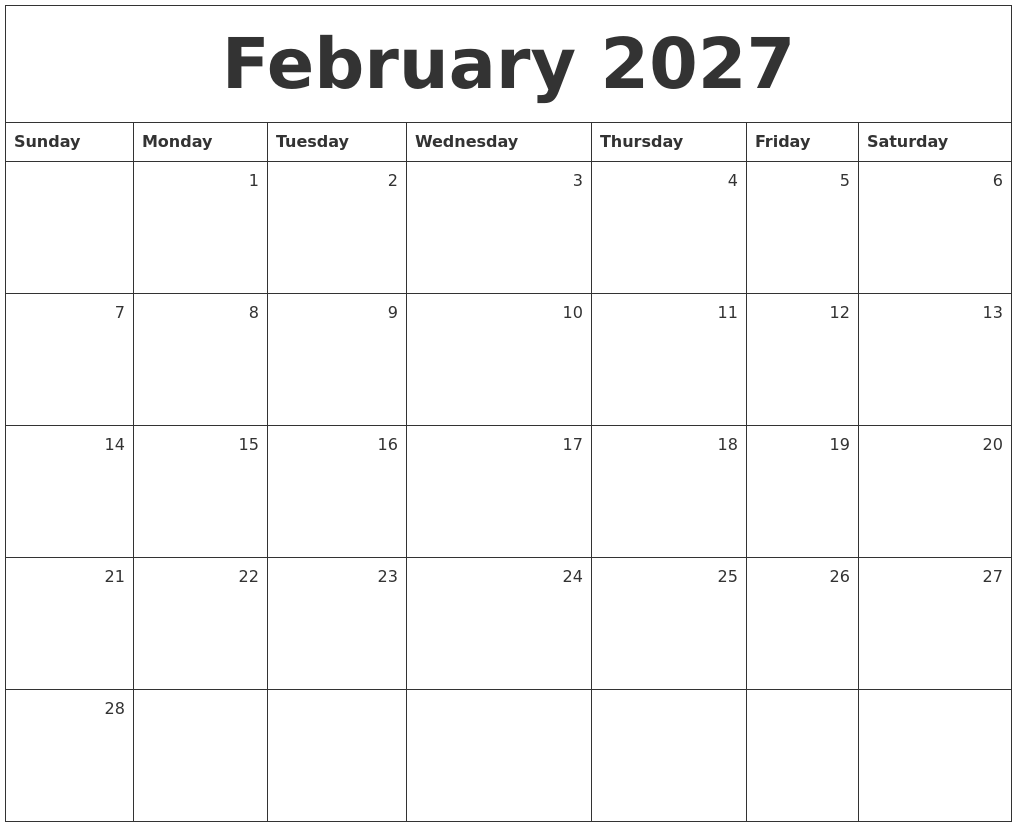 February 2027 Monthly Calendar