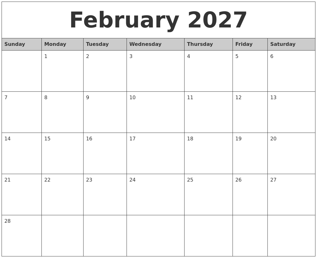 February 2027 Monthly Calendar Printable
