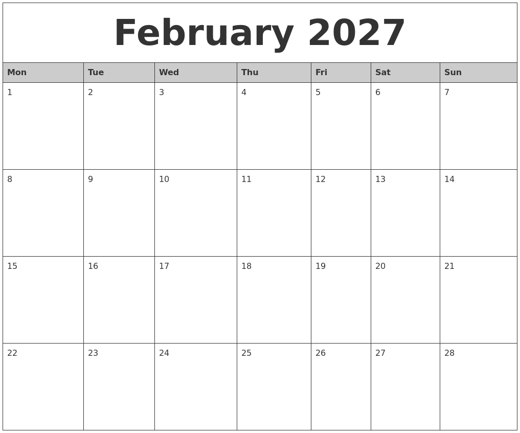 February 2027 Monthly Calendar Printable