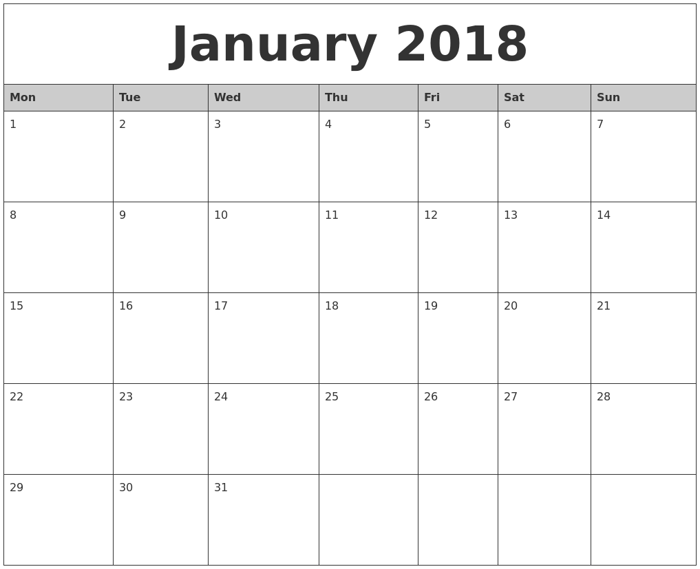 January 2018 Monthly Calendar Printable