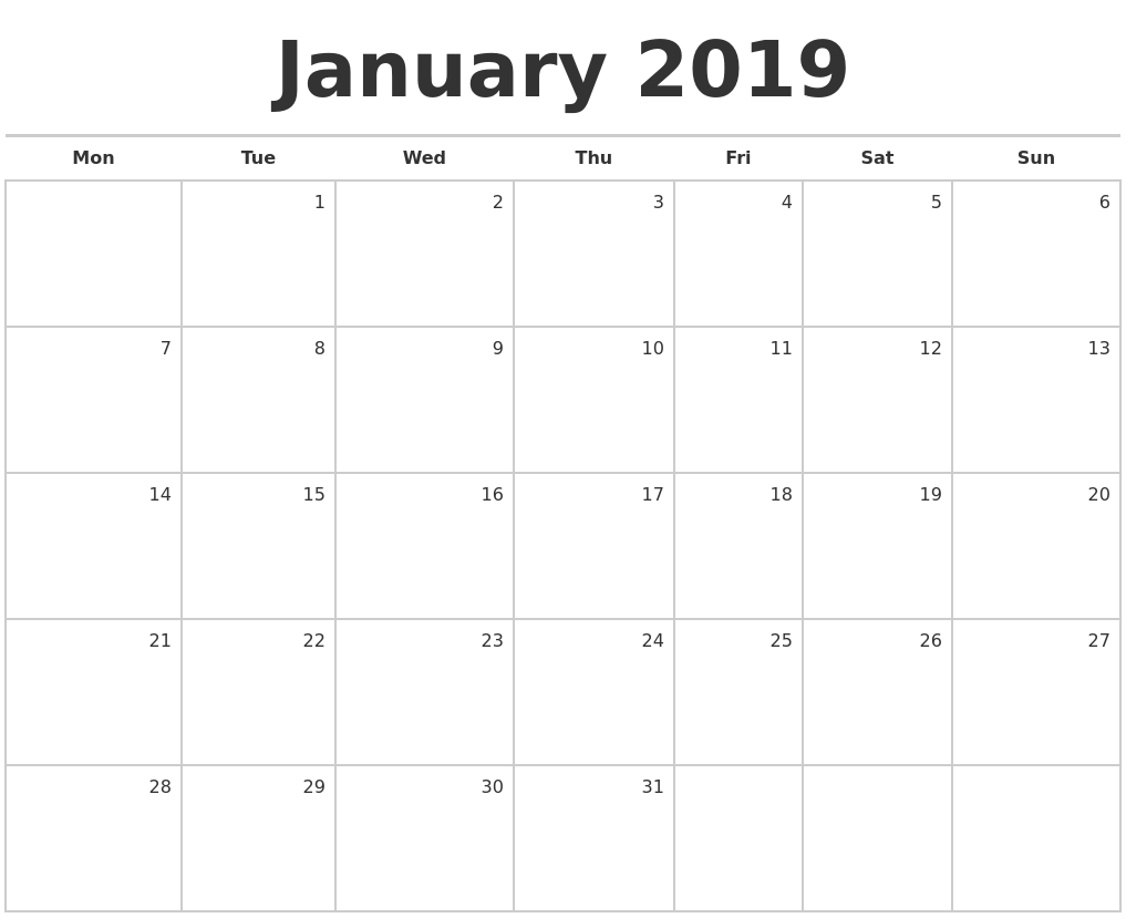 January 2019 Blank Monthly Calendar January 2019 Blank Monthly Calendar