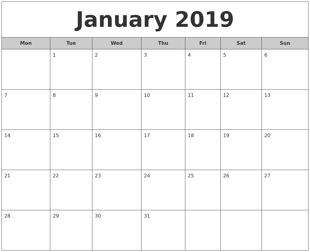 January 2019 Free Monthly Calendar January 2019 Free Monthly Calendar