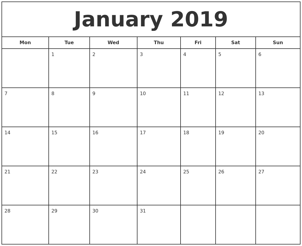January 2019 Print Free Calendar January 2019 Print Free Calendar