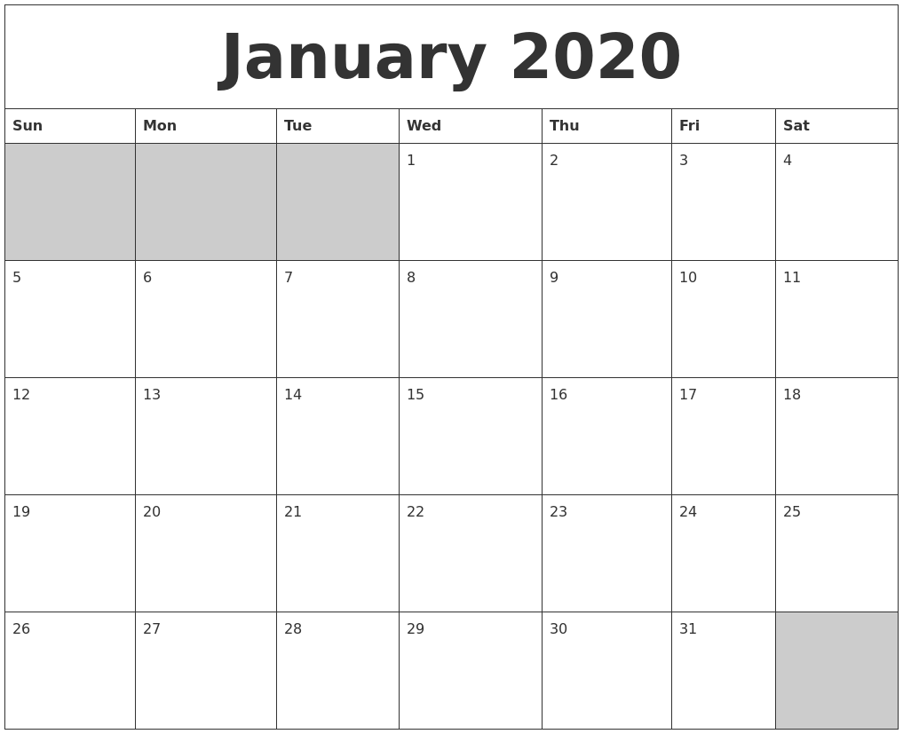 January 2020 Blank Printable Calendar January 2020 Blank Printable Calendar