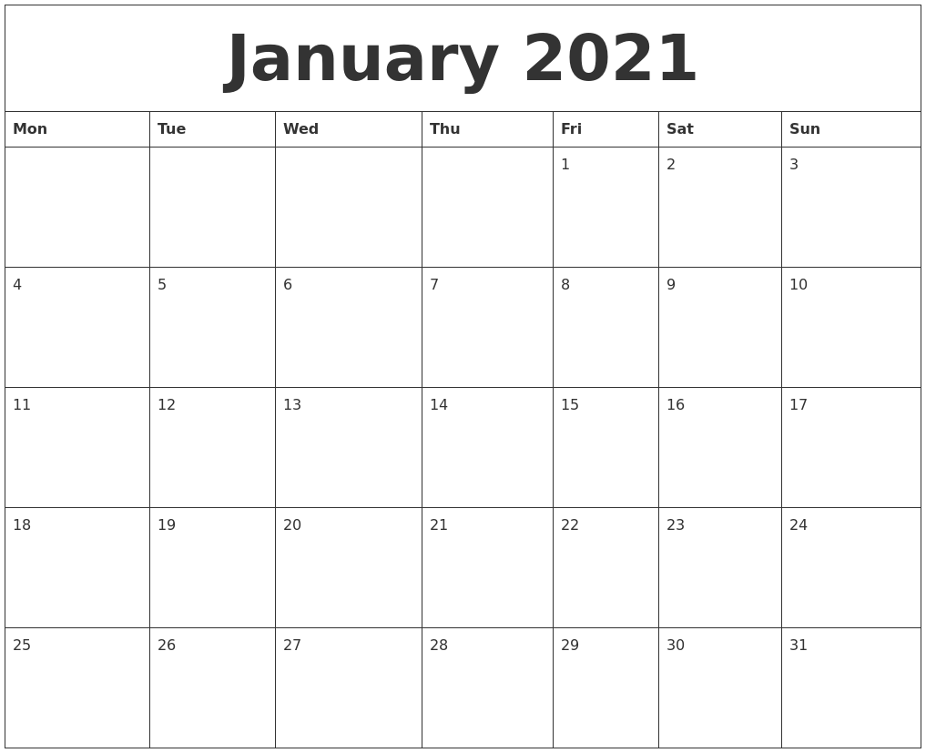January 2021 Large Printable Calendar January 2021 Large Printable Calendar