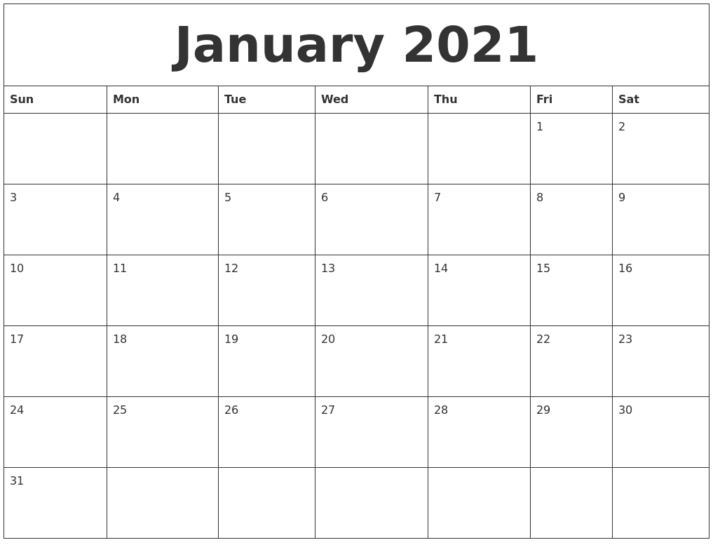 January 2021 Monthly Printable Calendar January 2021 Monthly Printable Calendar