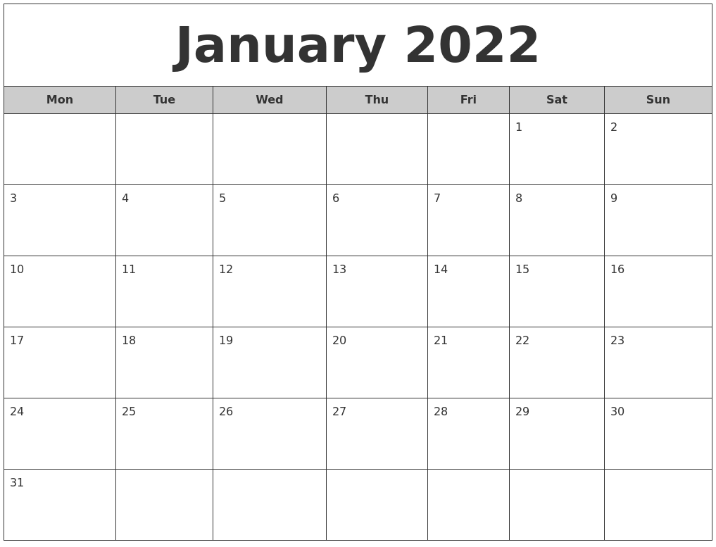 January 2022 Free Monthly Calendar January 2022 Free Monthly Calendar