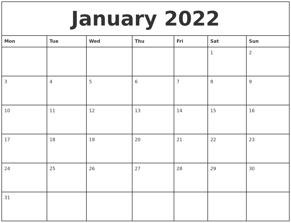 January 2022 Printable Monthly Calendar