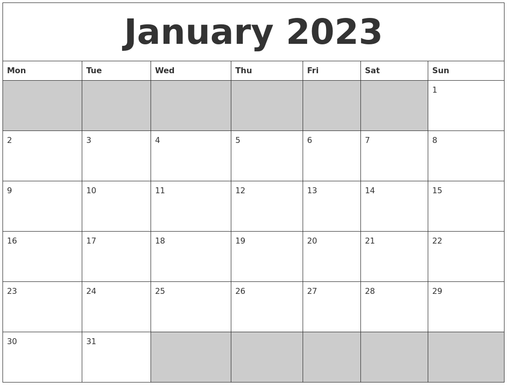 January 2023 Calendar Free Printable Calendar January 2023 Calendar 