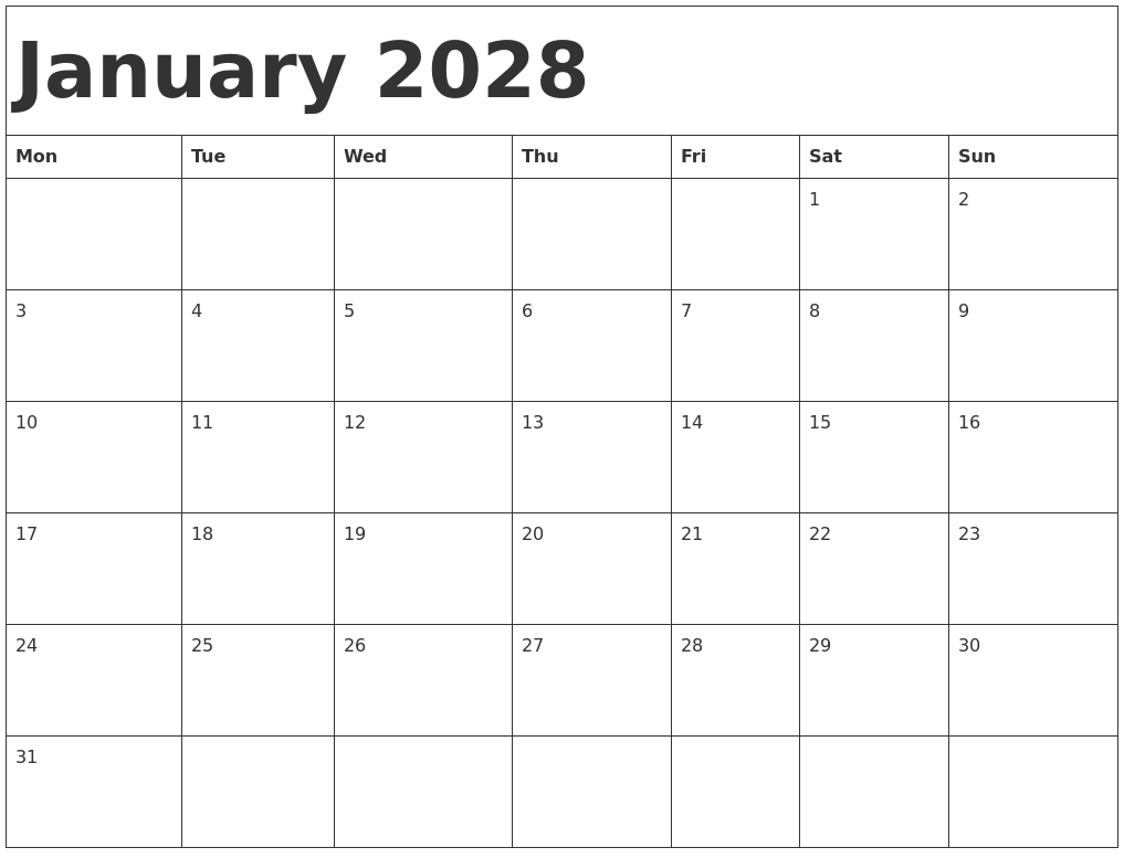 January 2028 Calendar Template January 2028 Calendar Template