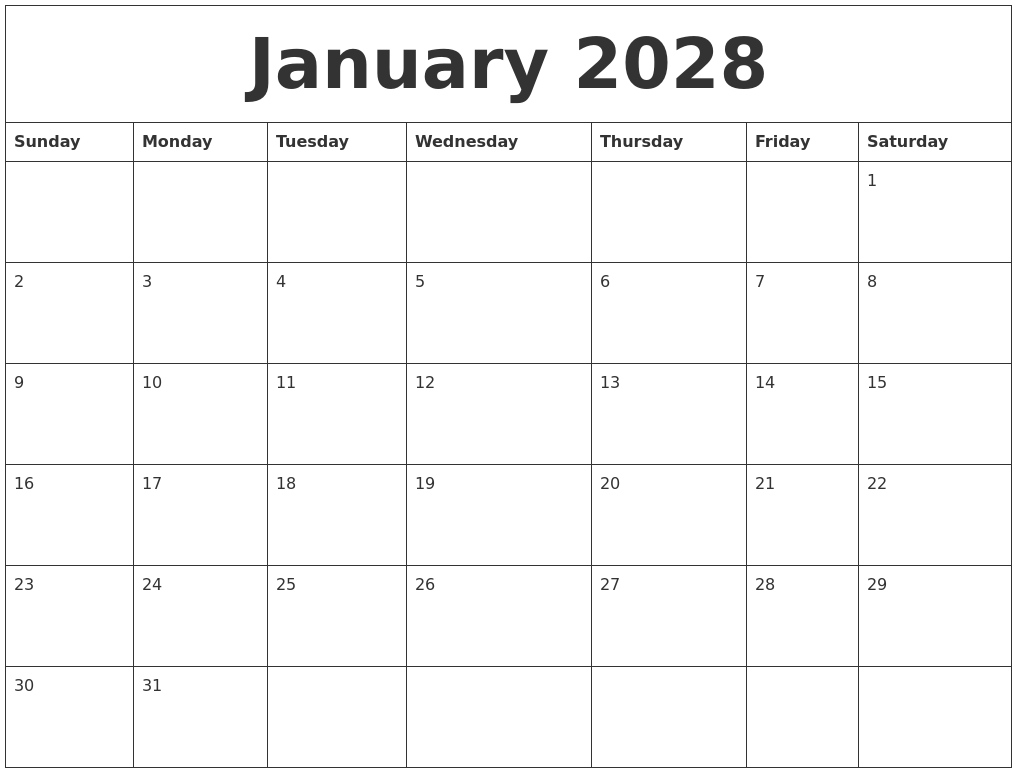 January 2028 Printable Calendar Templates January 2028 Printable Calendar Templates