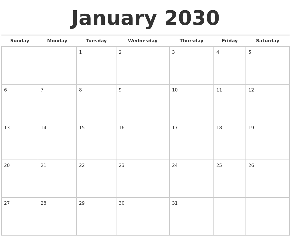 January 2030 Calendars Free