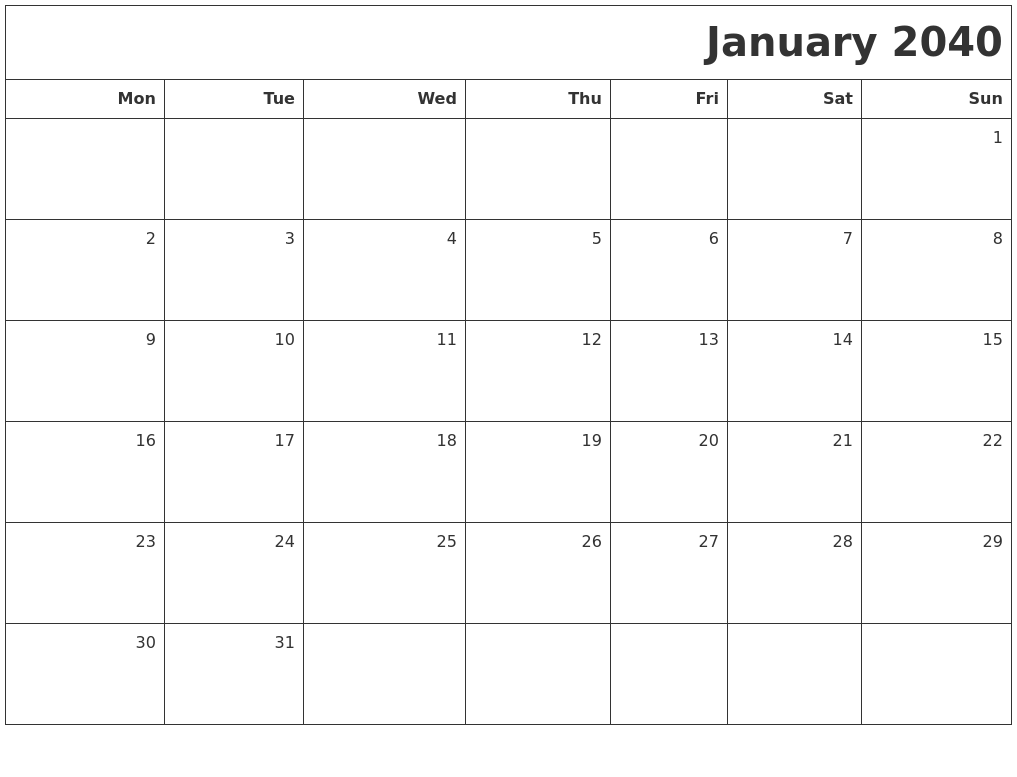 January 2040 Printable Blank Calendar January 2040 Printable Blank Calendar