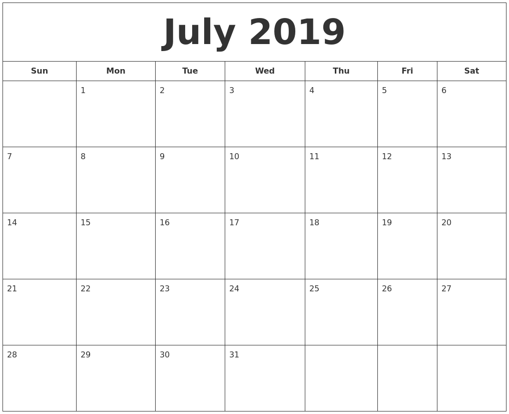 July 2019 Printable Calendar