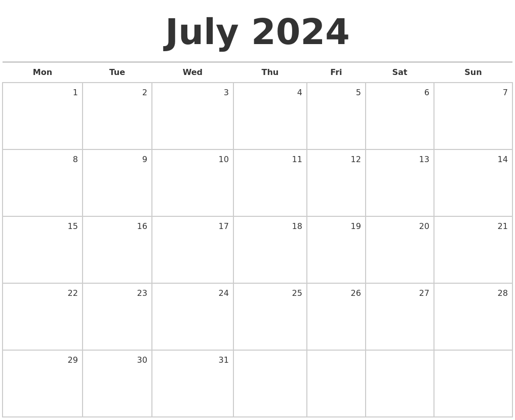July 2024 Blank Monthly Calendar