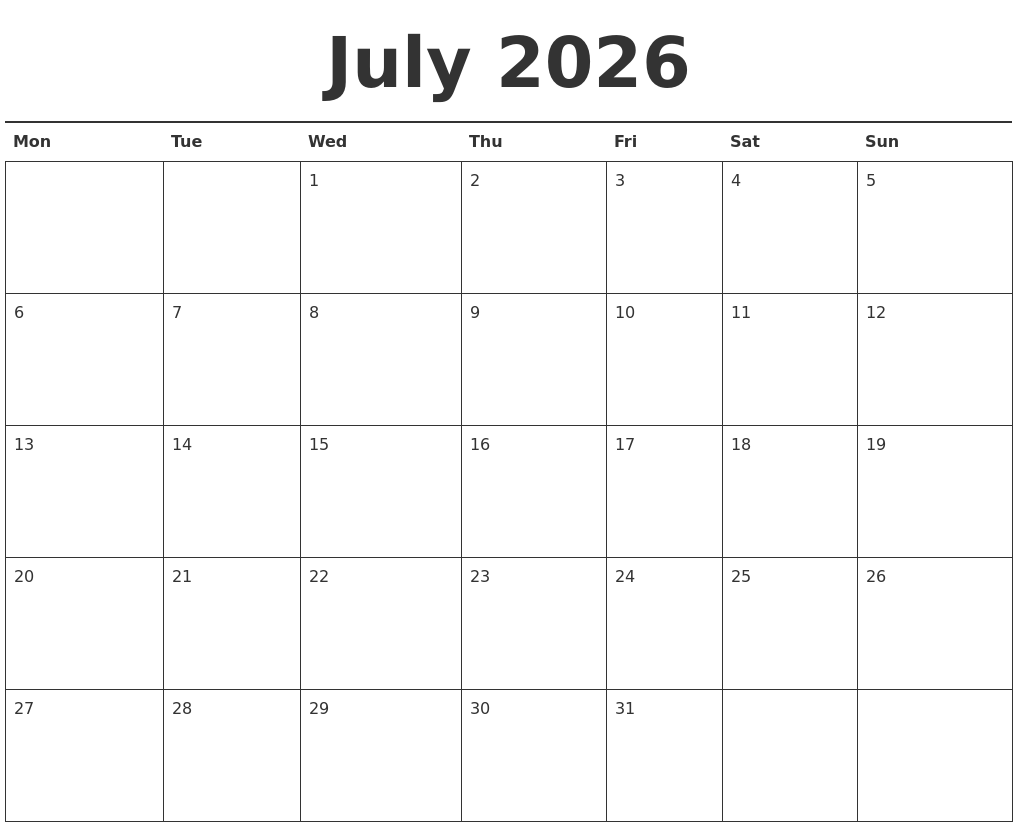 July 2026 Calendar Printable