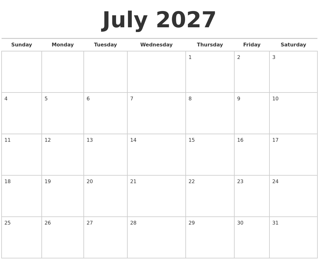 July 2027 Calendars Free