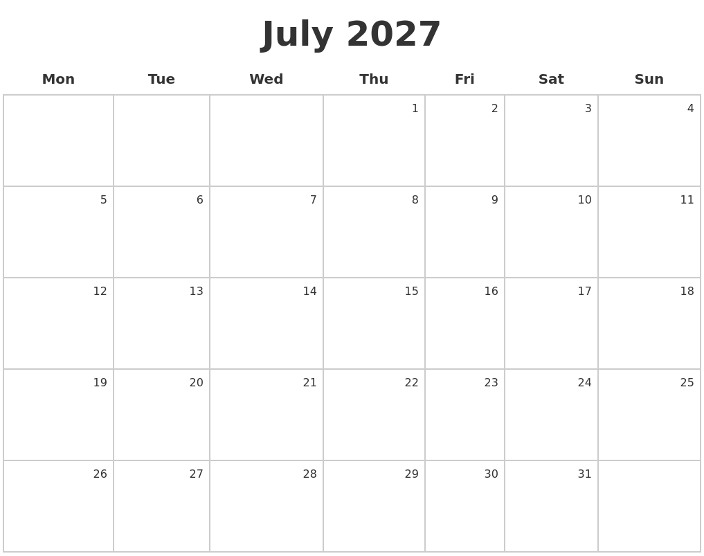 July 2027 Make A Calendar